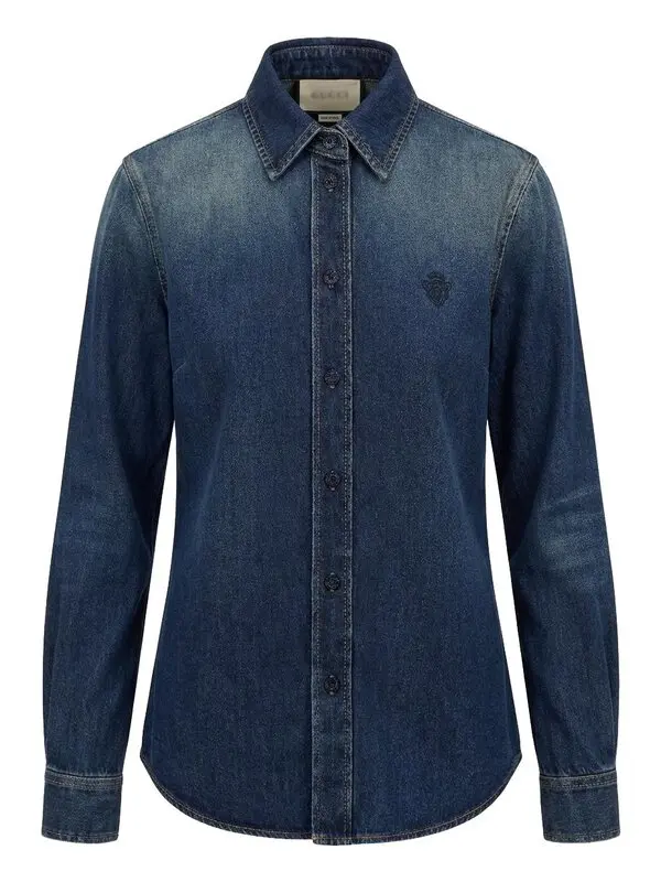 Gucci Embroidered Long-sleeve Denim Shirt - Blue