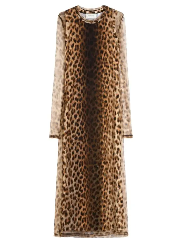 Sportmax Leopard Print Long Sleeve Sheer Tulle Dress - Beige