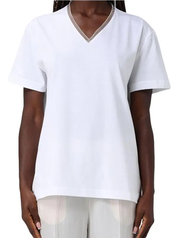 Fabiana Filippi V-neck T-shirt With Embellished Collar - White