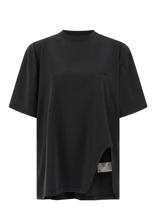 Attico Short Sleeve T-shirt With Logo Embroidery And Asymmetrical Hem - Black