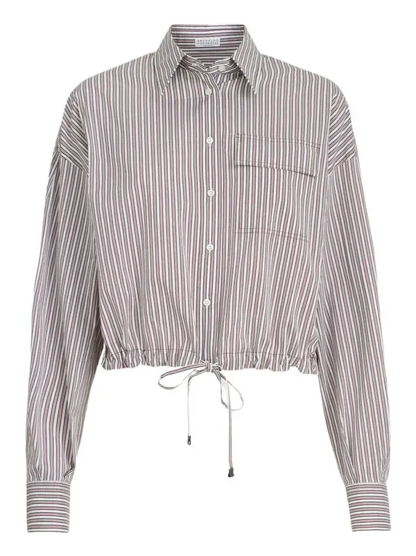 Brunello Cucinelli Striped Poplin Shirt With Monili Detail - Gray