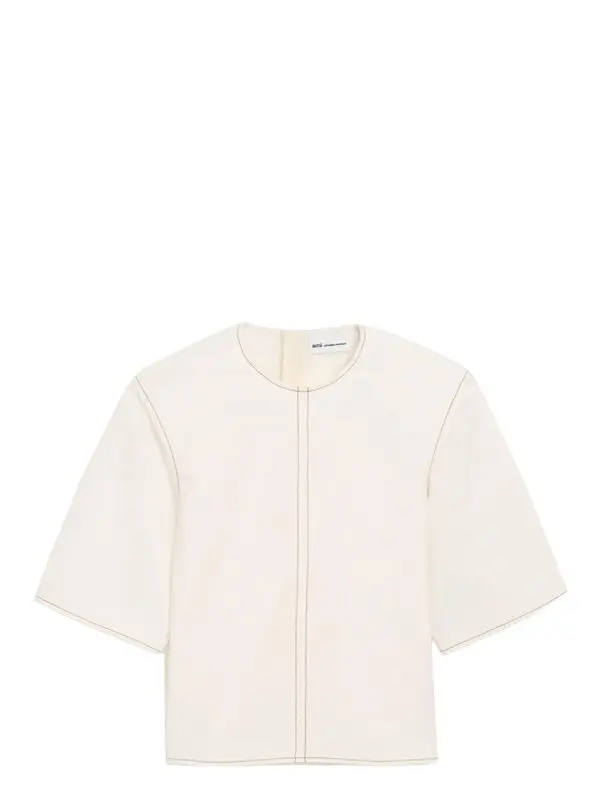 Ami Short Sleeve Top With Contrast Stitching - White Cream