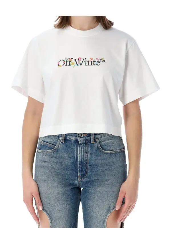 Off-White Flower Printed Cropped T Shirt - White