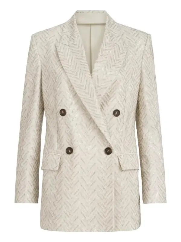 Brunello Cucinelli Linen Blazer With Chevron Embroidery - Beige
