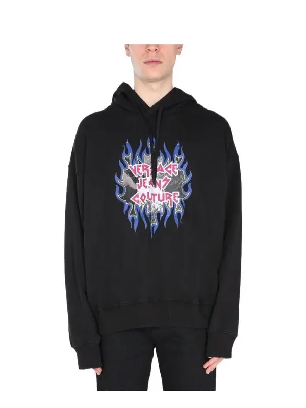 Versace Logo Printed Drawstring Hoodie - Black