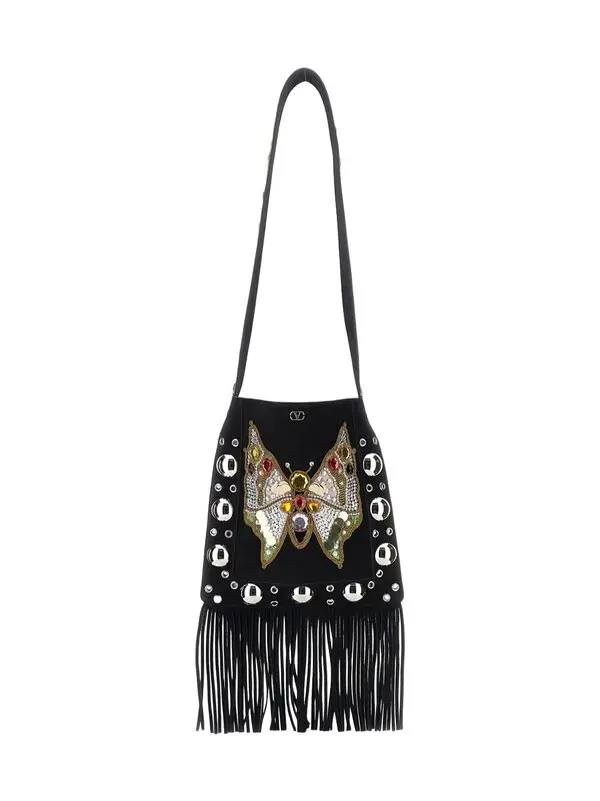 Valentino Garavani Nellcôte Embroidered Shoulder Bag With Fringes - Black