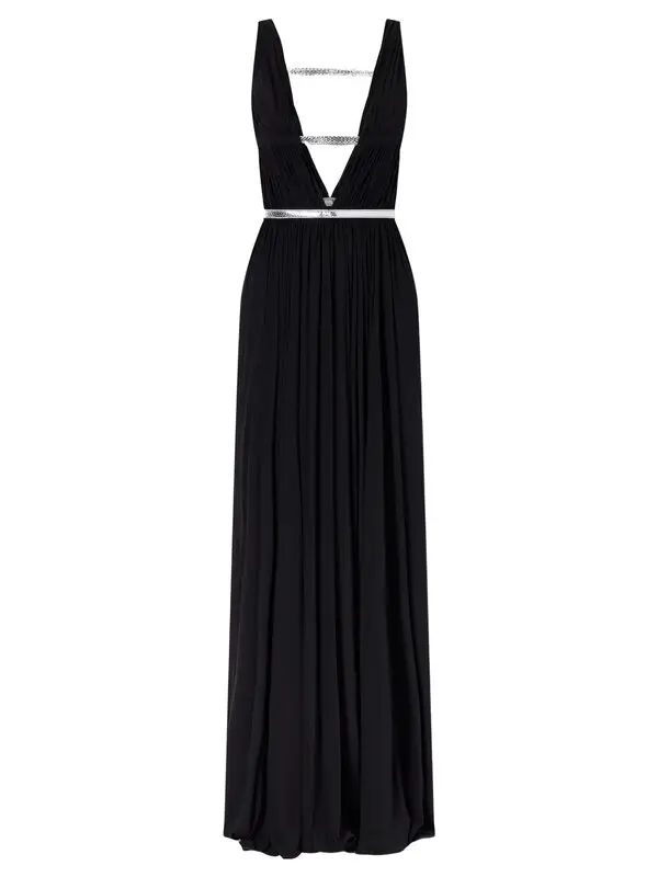 Alaïa Pleated Jersey Gown With Metallic Elaphe Trim - Black