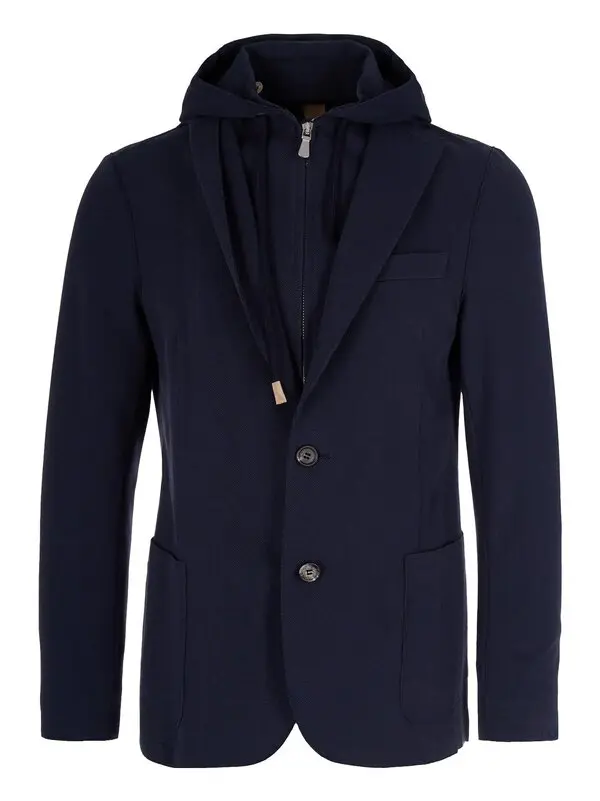 Eleventy Layered Drawstring Hooded Jacket - Blue