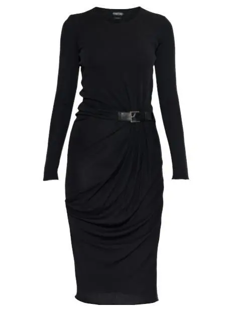 TOM FORD Long Sleeve Round Neck Dress With Decorative Waistband - Black