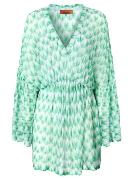 Missoni Green White Patterned Knit V-neck Flared Sleeve Mini Dress - Multicoloured