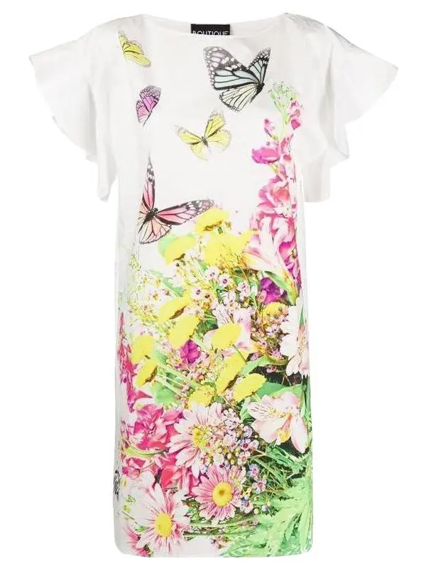 Moschino Floral Printed Round Neck Short Sleeve Dress - White