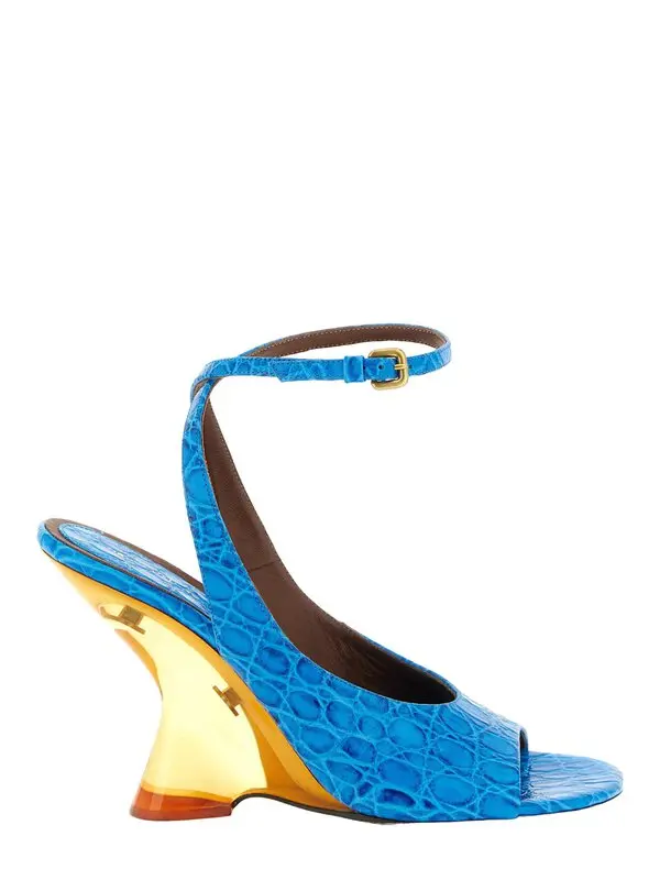 Dries Van Noten Embossed Leather Wedge Sandals With Ankle Strap - Blue