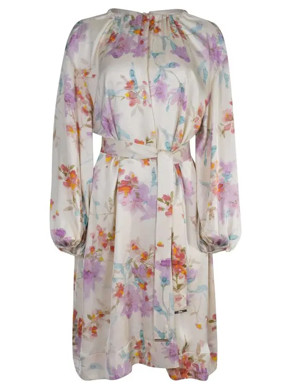 Herno Belted Floral Print Long Sleeve Dress - Nude