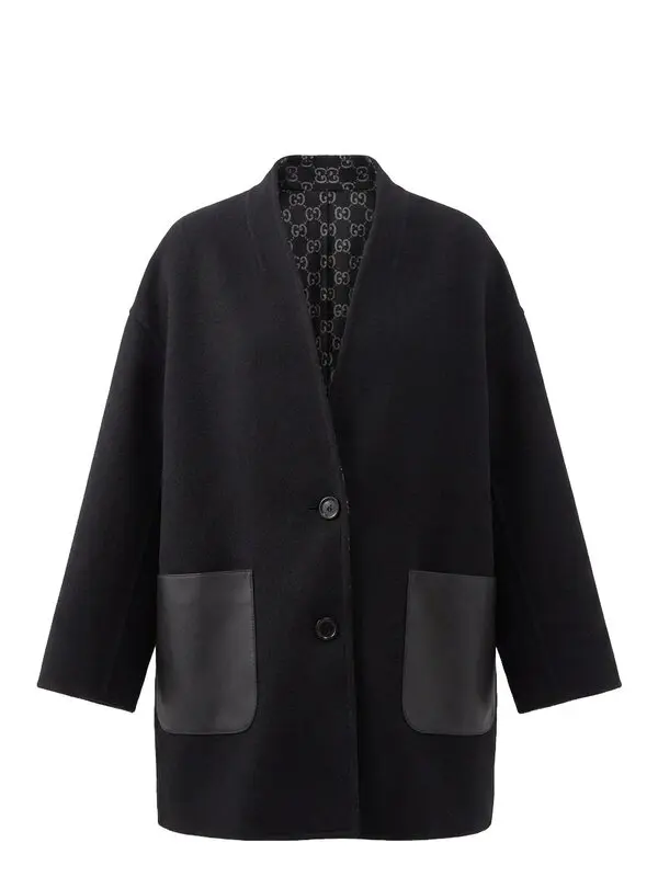Gucci Reversible V-neck Coat With Leather Pockets - Black And White Black