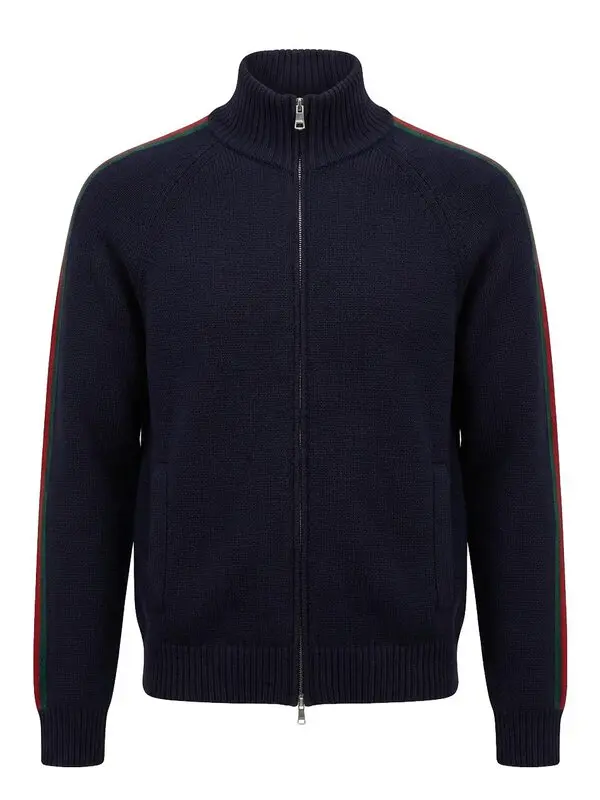 Gucci Knit Zip Jacket With Web Insert - Dark Blue