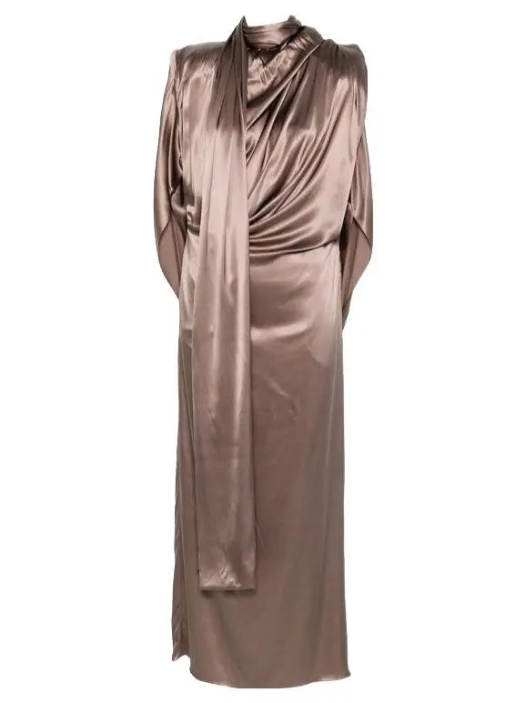 MUGLER Long Sleeve High Collar Dress - Taupe