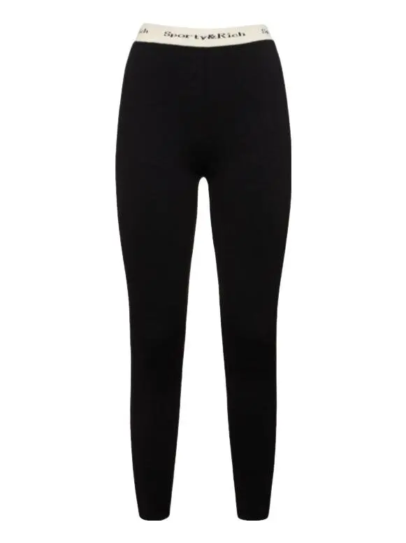 SPORTY  RICH Serif Logo High Waist Ribbed Leggings - Black
