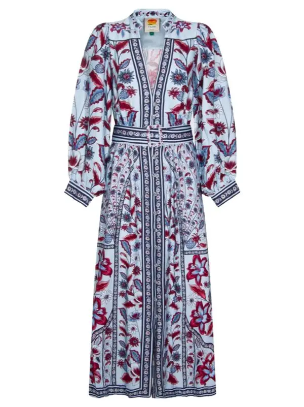 Farm Rio Marcelle Floral Printed V-neck Belted Midi Dress - Blue