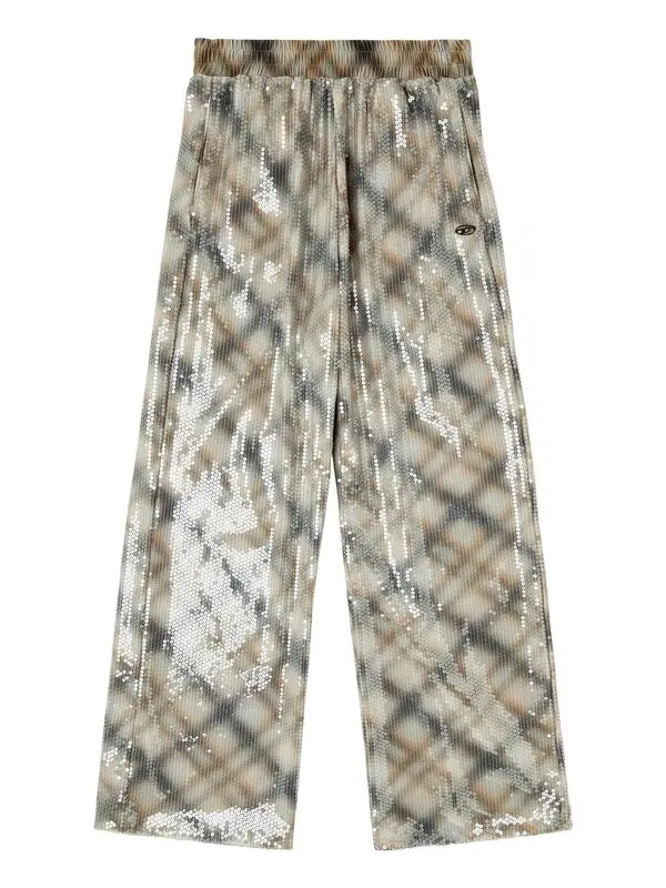 DIESEL® Sequinned Plaid Wide Leg Trousers - Beige/gray
