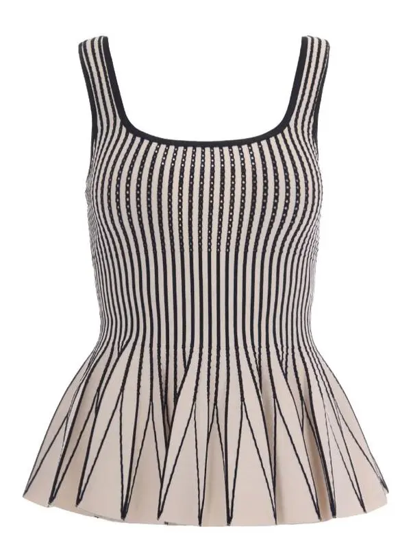 Elisabetta Franchi Two-toned Ribbed Knit Top With Flared Hem - Nude
