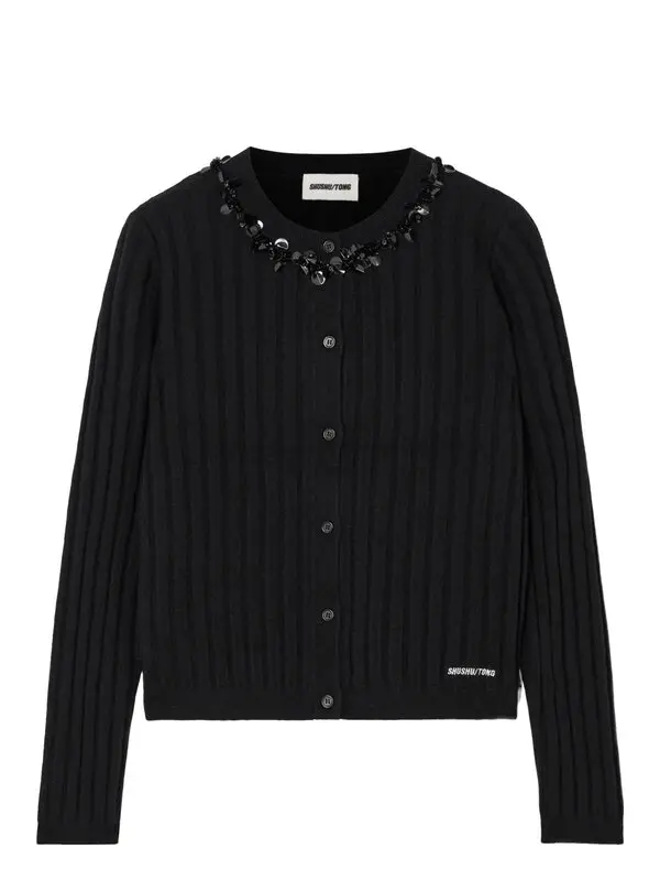 SHUSHU/TONG Embellished Ribbed Cardigan - Black
