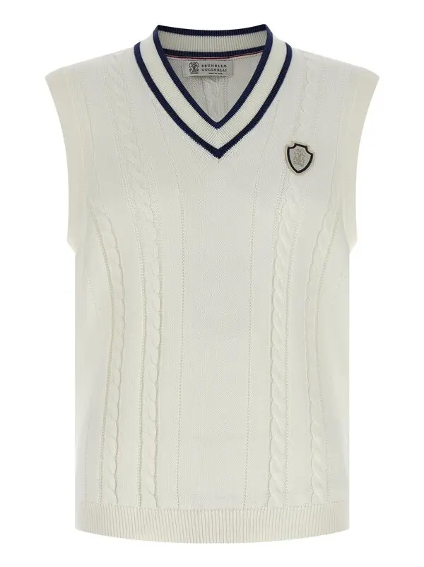 Brunello Cucinelli V-neck Waistcoat With Heraldic Logo Patch - White