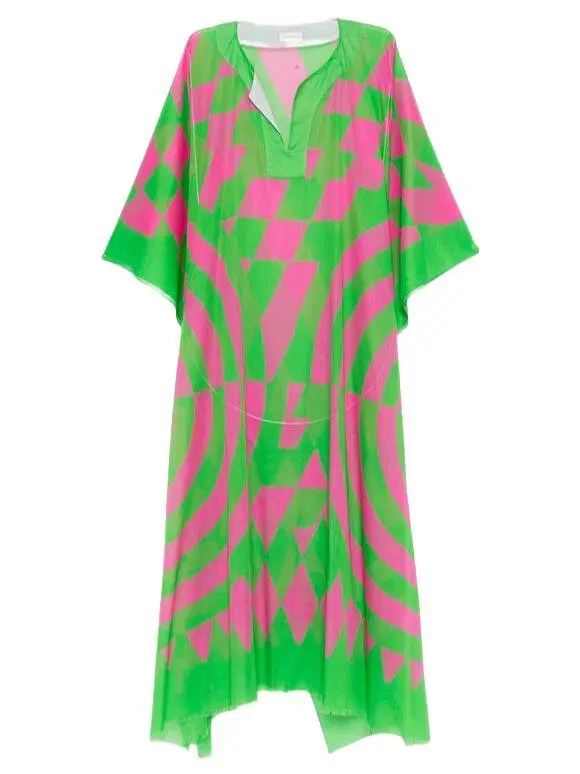 Dries Van Noten Geometric Print V-neck Dress - Green And Pink