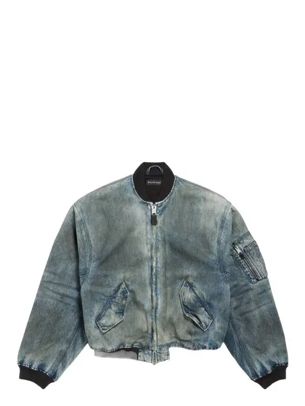 Balenciaga Oversized Zip-up Bomber Denim Jacket With 3b Artwork - Dirty Grey/light Blue