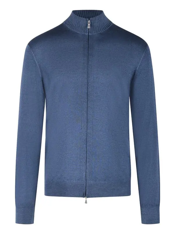 GRAN SASSO Ribbed Collar Zip Knitted Sweater - Blue
