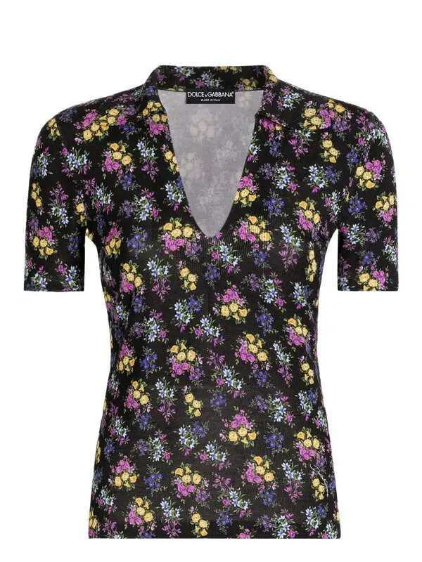 Dolce & Gabbana Short Sleeve Floral Polo Shirt - Black