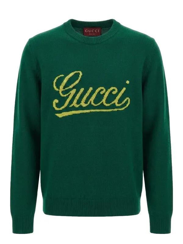 Gucci Knit Wool Sweater With Script Intarsia - Dark Green