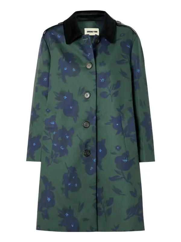 SHUSHU/TONG Floral Print Velvet Trimmed Trench Coat - Green