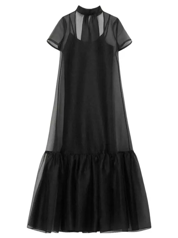Staud Short Sleeve High Neck Ruffled Hem Maxi Dress With Tie Details - Black