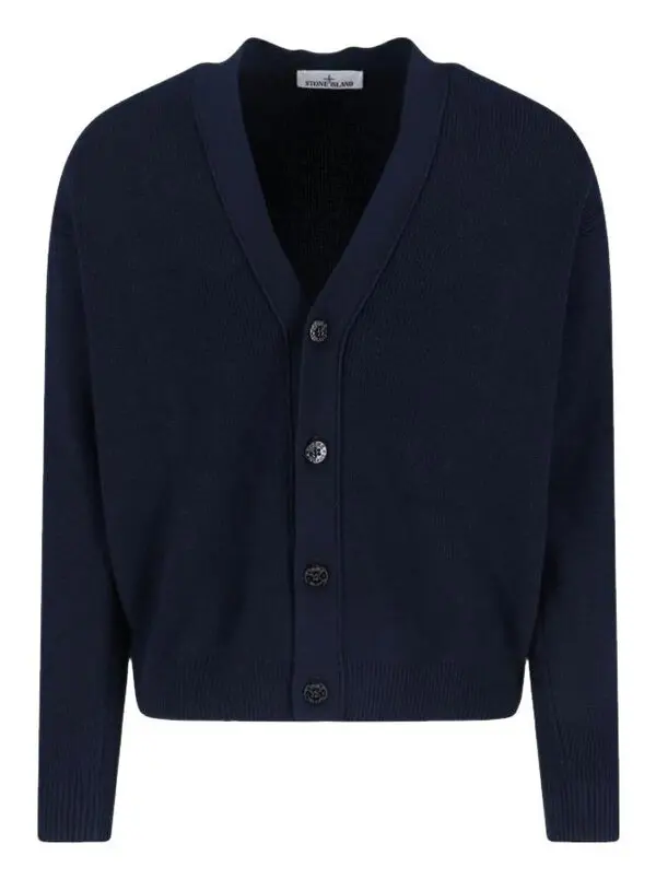 Stone Island V-neck Cardigan With Logo Patch - Blue