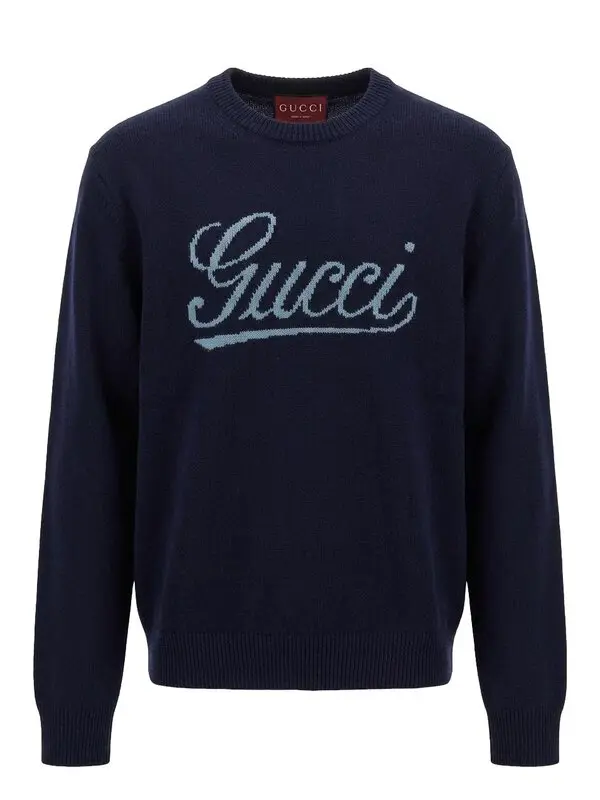 Gucci Logo Intarsia Crewneck Knitted Jumper - Dark Blue