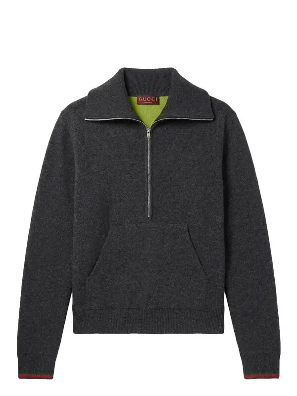 Gucci Wool Cashmere Sweater With Point Collar And Zip Closure - Grey