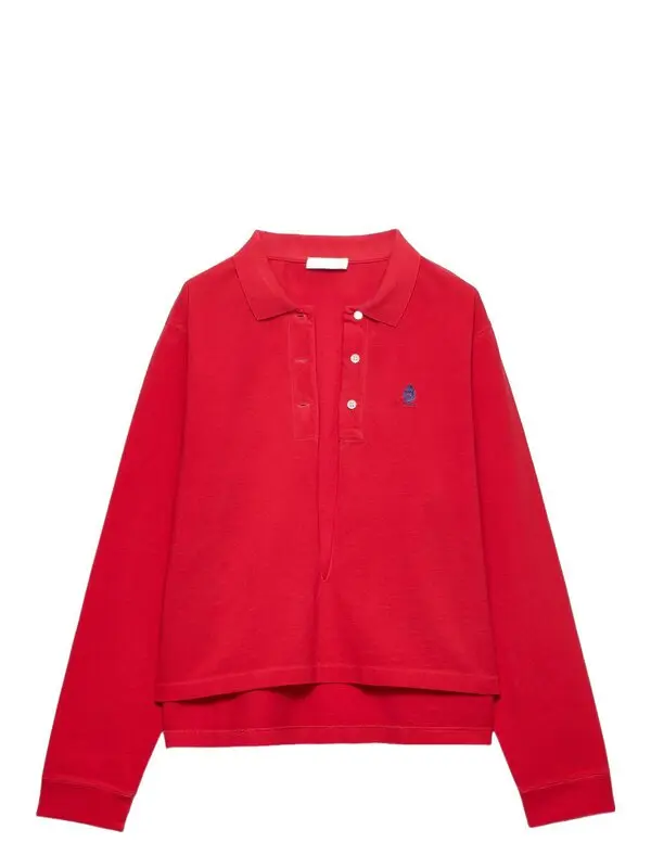 Prada Long-sleeved Polo Shirt With Embroidered Logo - Red