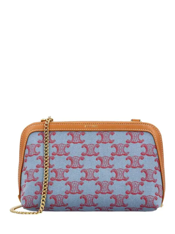 Celine Clutch On Chain Textile Triomphe All Over Natural Calfskin - Blue