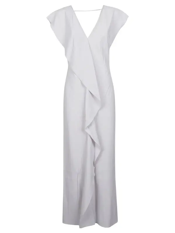 Patrizia Pepe V-neck Ruffled Gown Dress With Slit - White