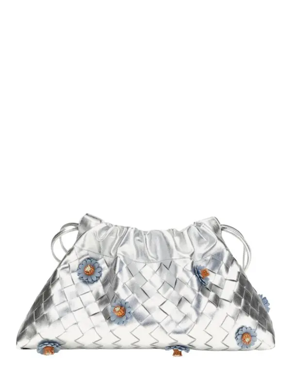 Bottega Veneta Woven Leather Drawstring Clutch With Floral Embellishments - Silver
