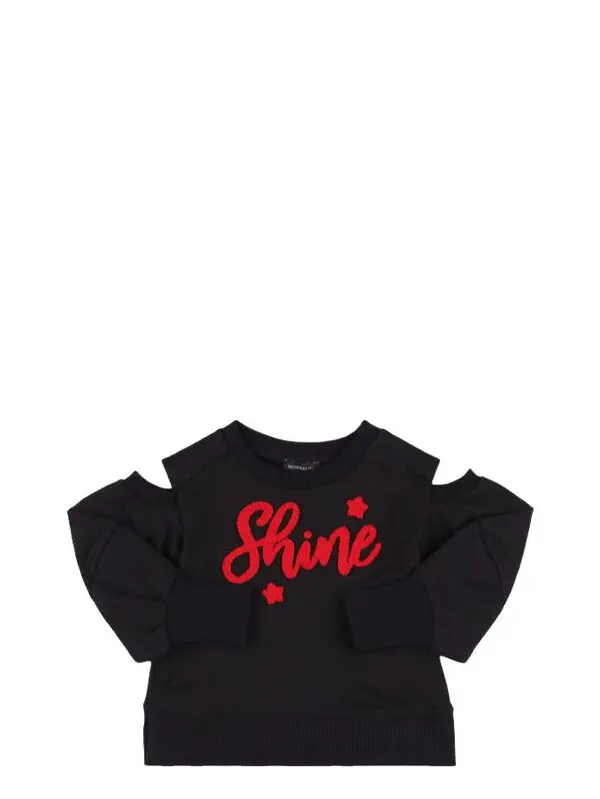 Monnalisa Cotton Sweatshirt With Cutout Shoulders And Embroidered Detail - Black