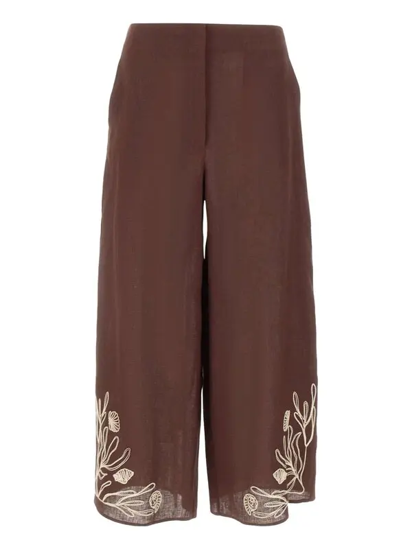 Marella Embroidered Linen Wide-leg Trousers - Brown