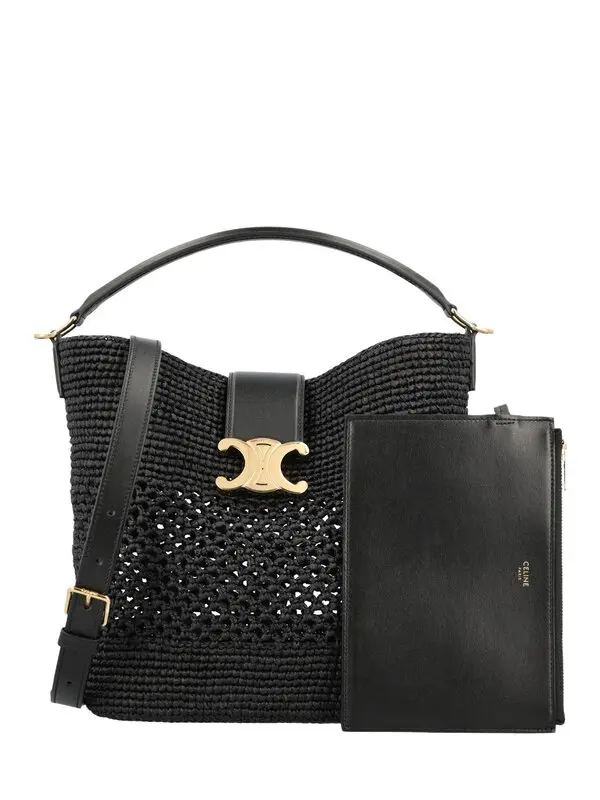 Celine Medium Louise Bucket Bag In Raffia And Calfskin - Black