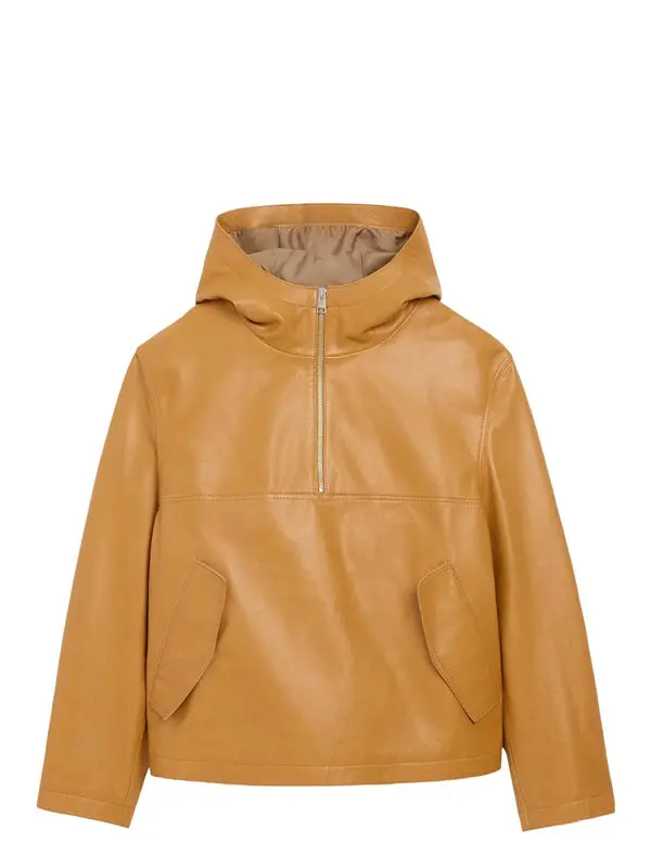 Ami Hooded Leather Zip-up Jacket - Honey-colored