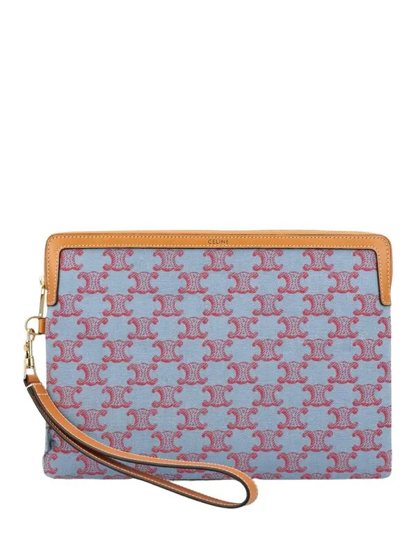 Celine Small Pouch With Strap In Textile With Triomphe All-over - Blue