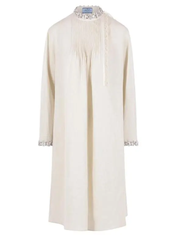 Prada Embellished Long Sleeve Dress - Chalk White