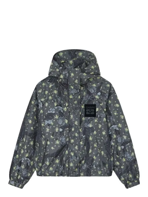 GANNI Hooded Floral Print Jacket With Logo Patch - Black