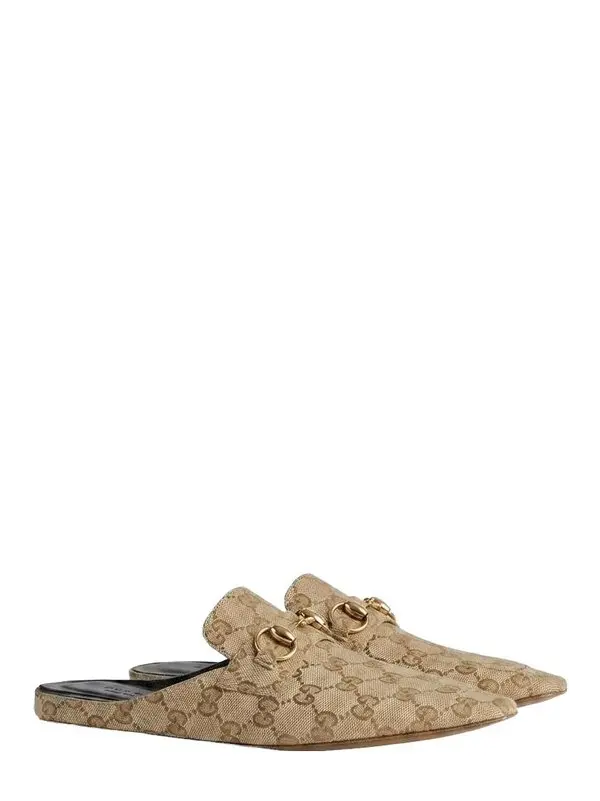 Gucci Gg Canvas Horsebit Mules - Sand And Dark Brown