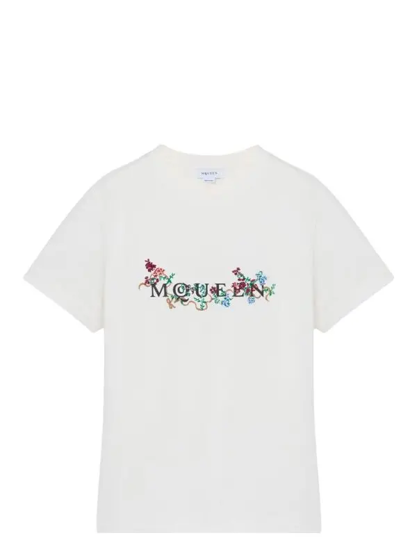 Alexander McQueen Floral Logo Embroidered T-shirt - Ivory