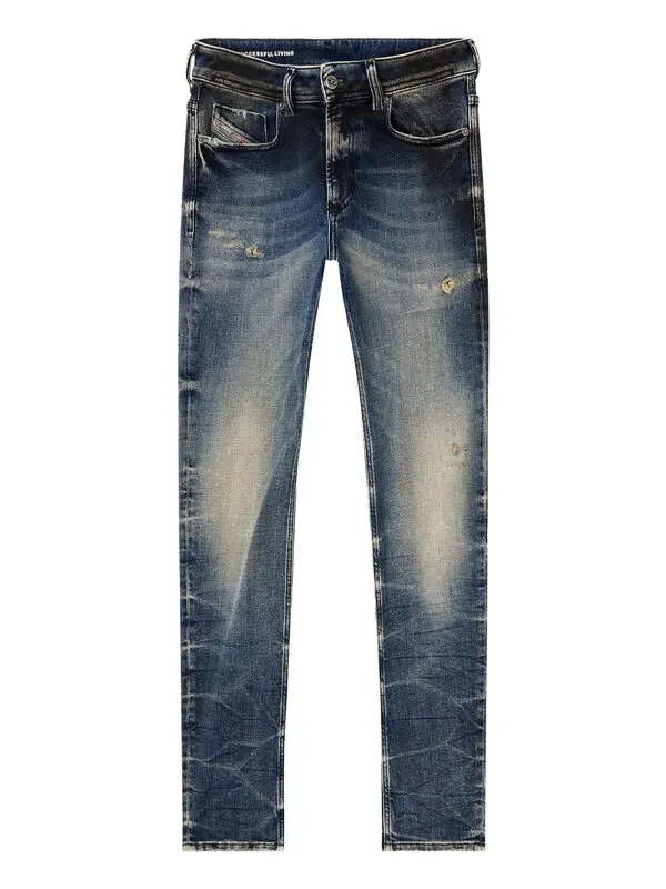 DIESEL® Sleenker 09n15 Abrasions Leather Patch Jeans - Medium Blue
